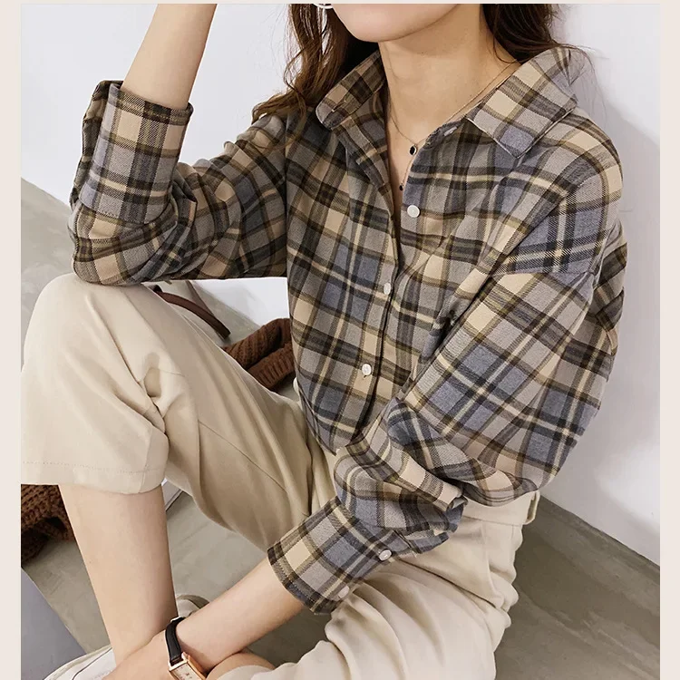 Camisa xadrez estilo hong kong vintage feminina ajuste solto ...