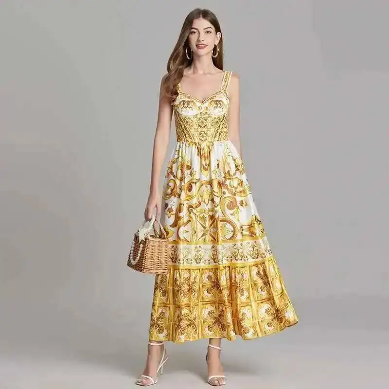 Runway Summer Holiday Floral Maxi Dress Women Spaghetti Strap V Neck ...