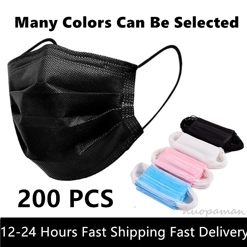 10-200pcs Black Mask Disposable Mouth Masks Non Woven 3 Layer Filter ...