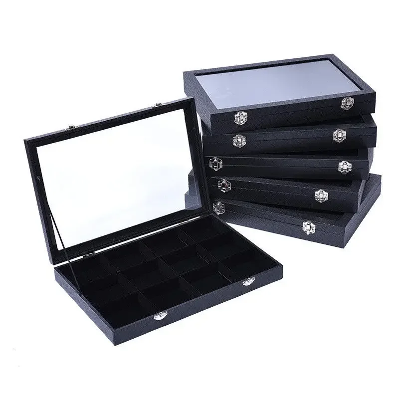 Hard-Balck-PU-Jewelry-Box-With-Glass-Cover-Storage-Ring-Earring ...