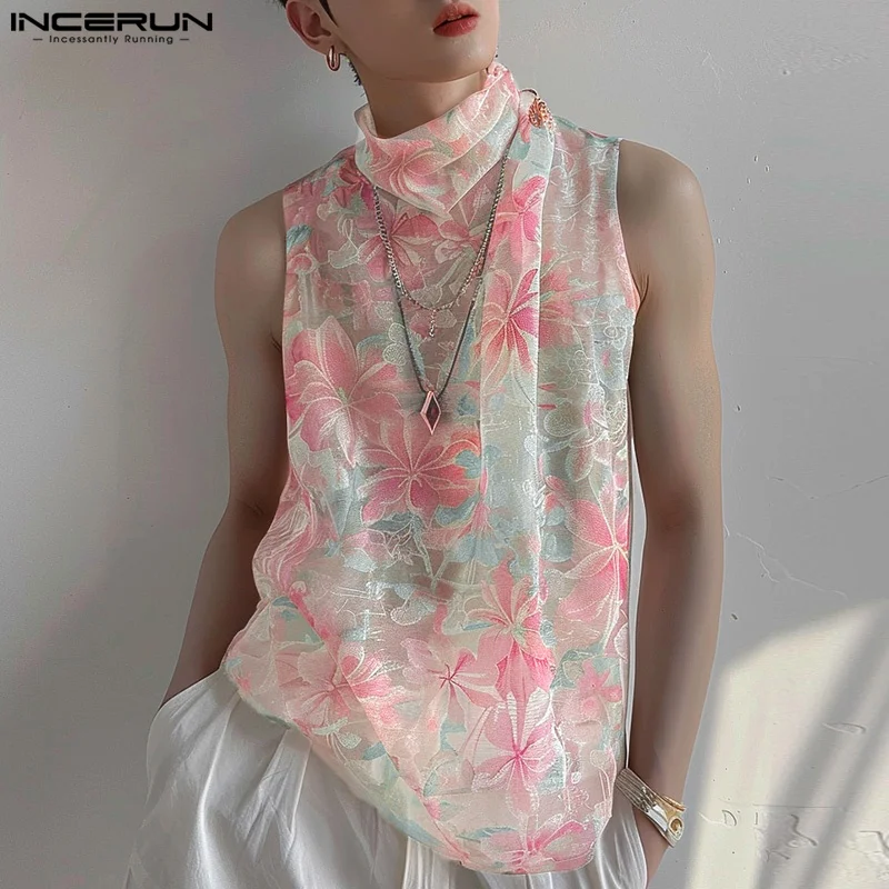 INCERUN-Tops-2024-Fashion-Mens-Printed-Chiffon-Perspective-Vests-Summer ...