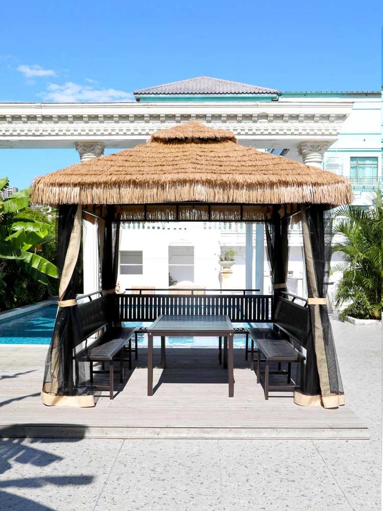 Garden Simulation Thatched Roof Arbor Steel Frame Plastic Wood Seat ...