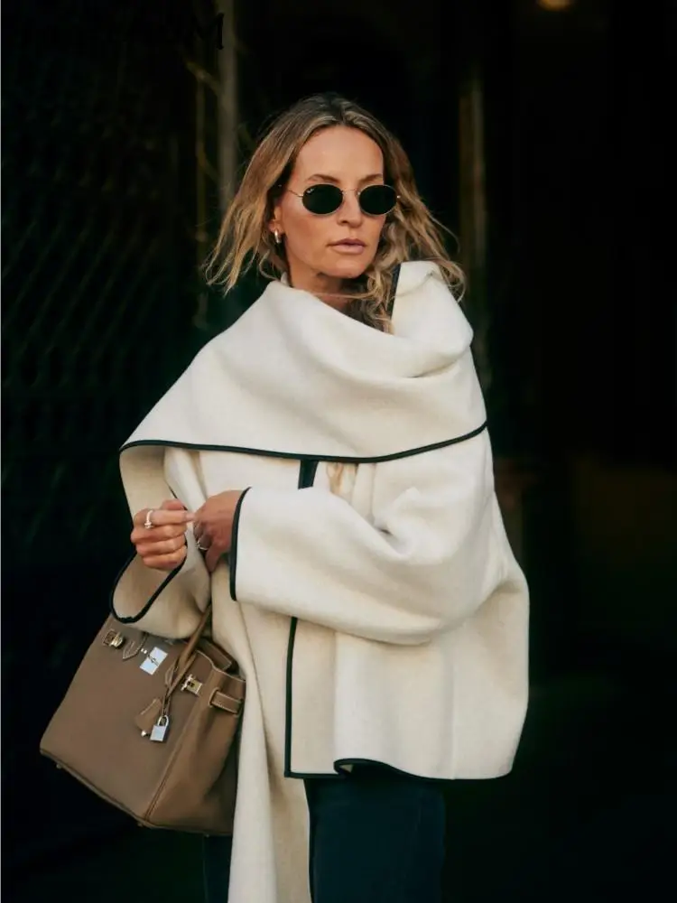 White-Patchwork-Women-Woolen-Scarf-Collar-Coat-Long-Sleeve-Single ...