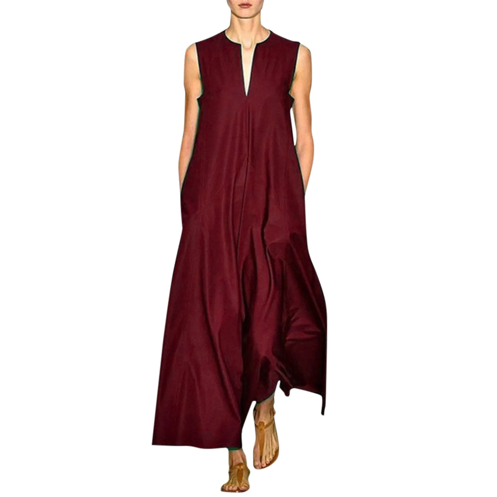 Women's Summer Sleeveless Maxi Dress V Neck Solid Color Loose Fit Long ...