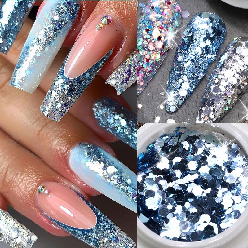 Silver Glitter Nails With Blue