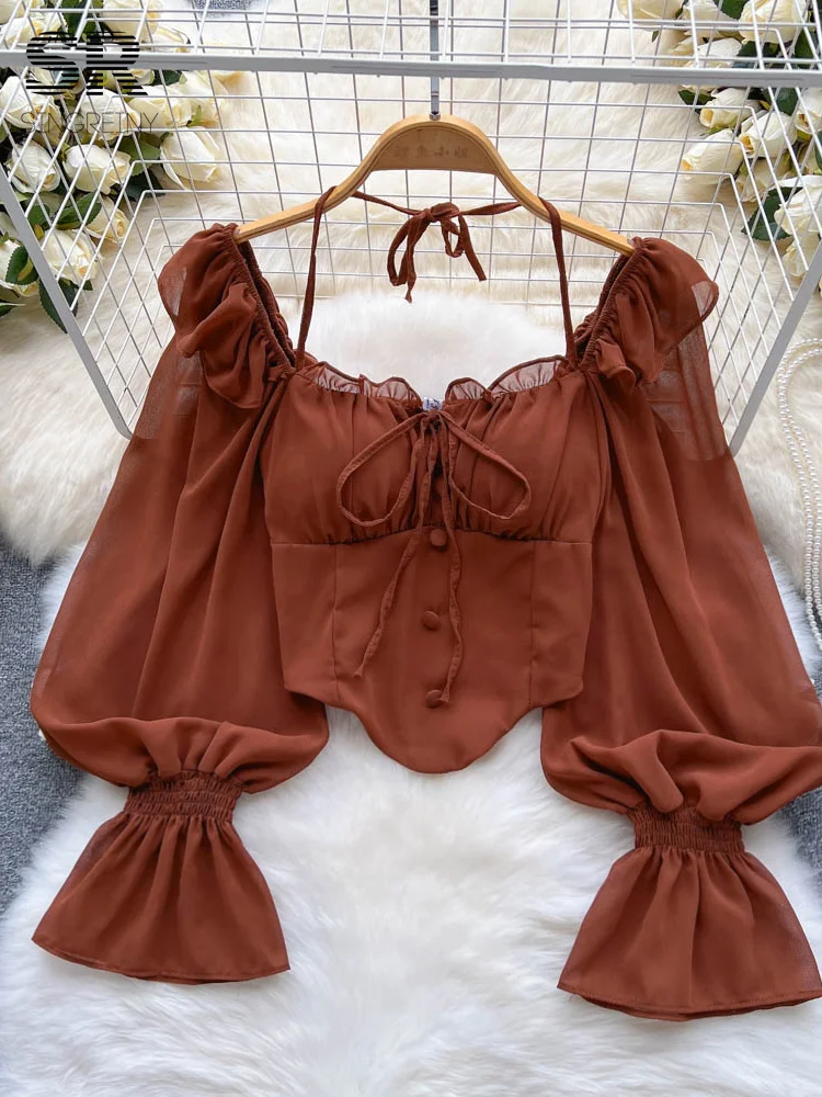 SINGREINY-Tops-de-manga-acampanada-para-mujer-blusa-corta-con-volantes ...