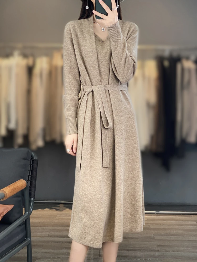 Women-s-V-neck-Cashmere-Skirt-Knitted-Monochromatic-Fake-2-Piece-Long ...