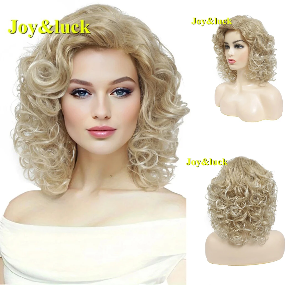 Joy&luck Short Curly Wig Synthetic Hair Wigs Gold Mix Blonde Color ...