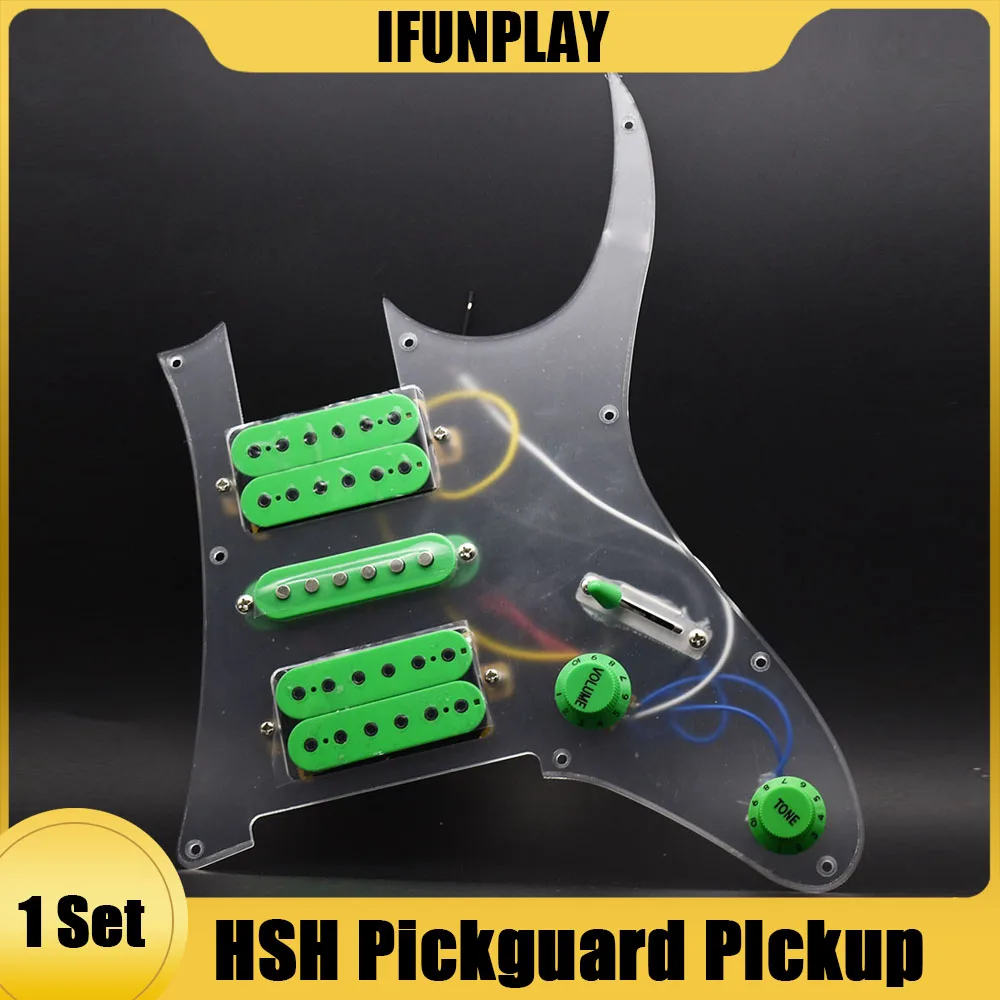Transparent with Green HSH Loaded Electric Guitar Prewired Pickguard ...