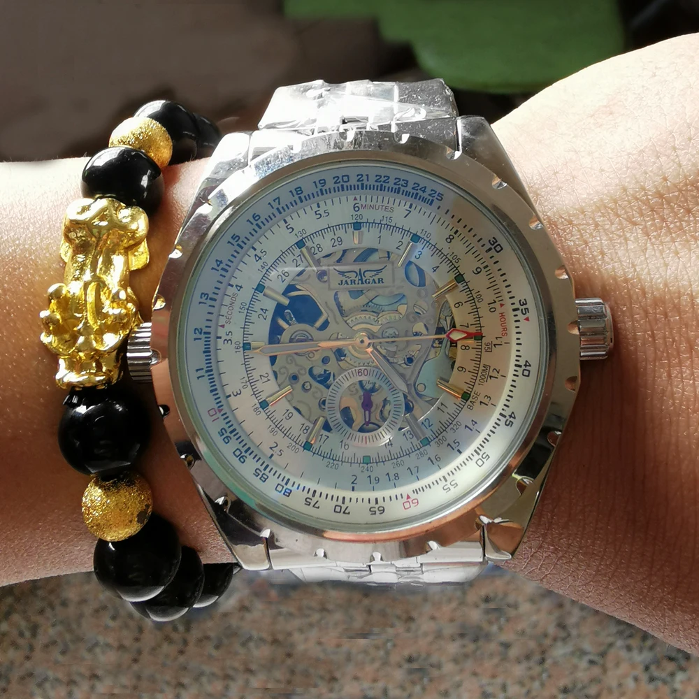 JARAGAR Luxury Brand Automatic Mechanical Watches Skeleton Dial Silver ...