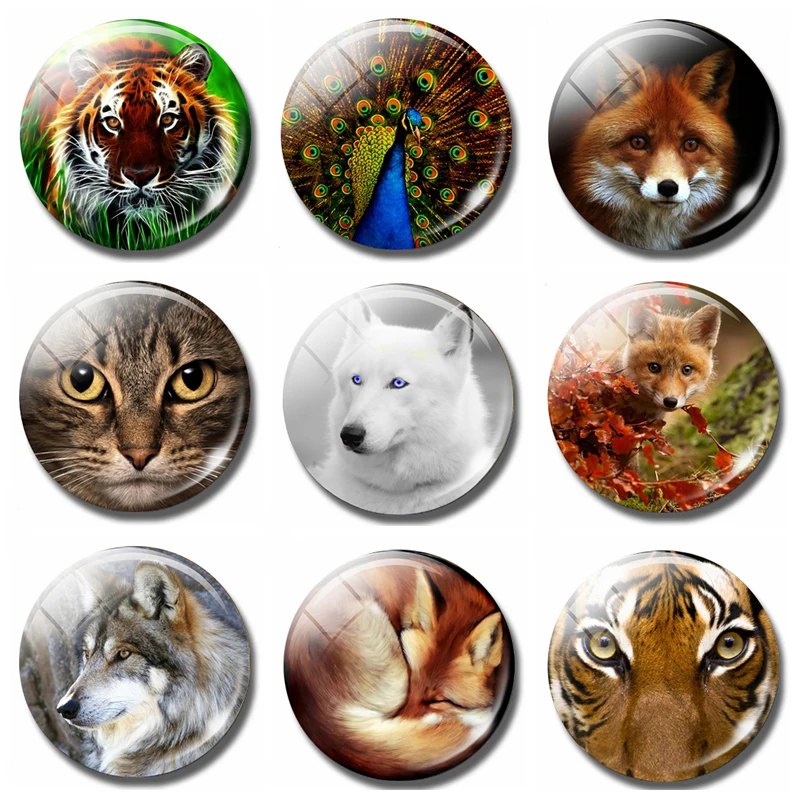 Cartoon Animal 30 Mm Fridge Magnet Tiger Peacock Fox Cat Wolf Glass ...