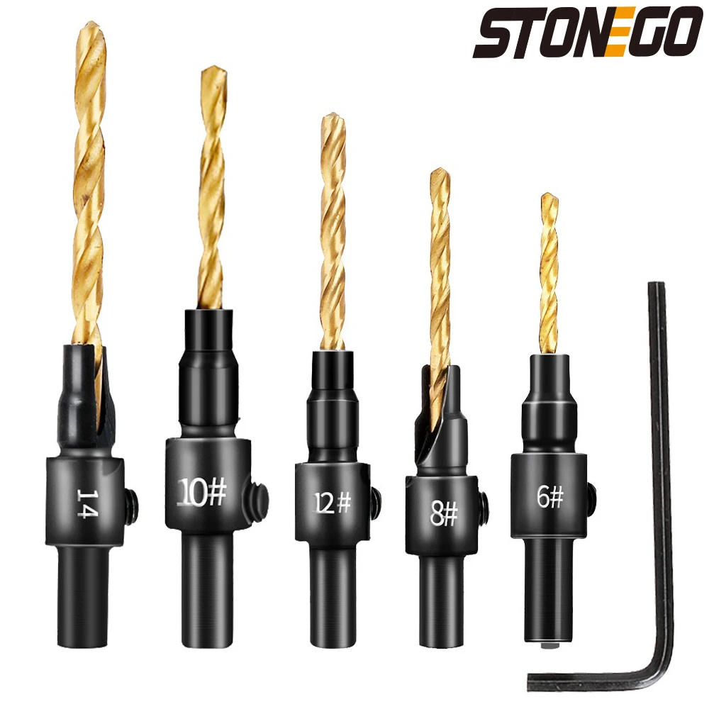 STONEGO 5PCS Countersink Drill Woodworking Drill Bit Set Drilling Pilot ...