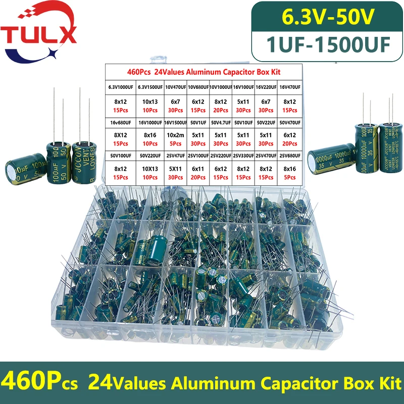 460Pcs-Box-Capacitor-Kit-1UF-470UF-1000UF1500UF-24Values-Aluminum-Electrolytic-Capacitors-6-3V ...