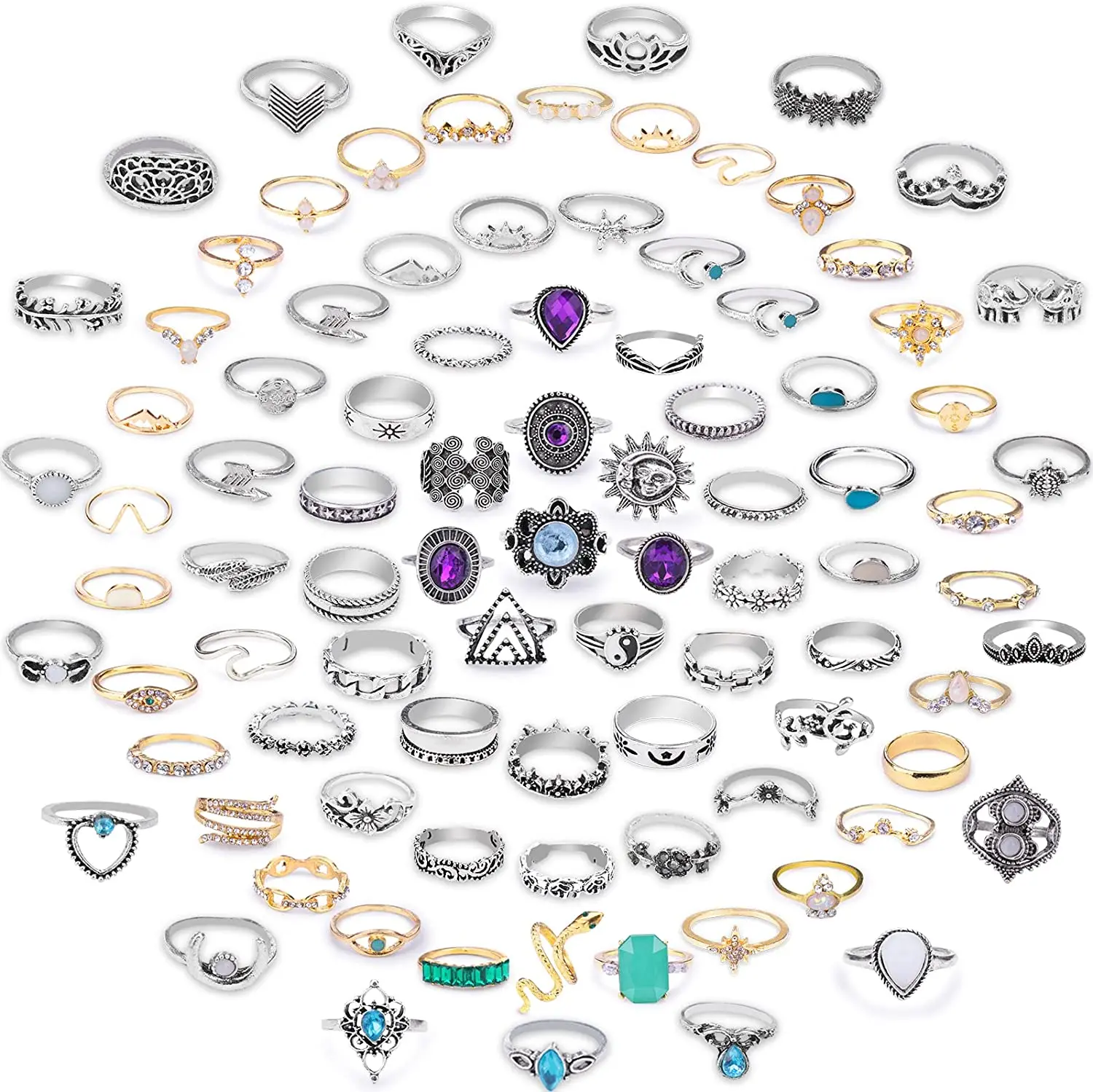 100Pcs-Lot-Fashion-Vintage-Bohemia-Finger-Rings-Women-Antique-Silver ...