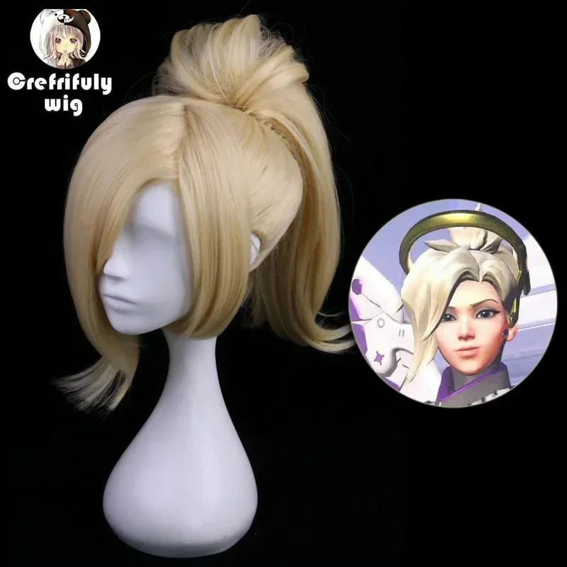 35cm Synthetic Short Blonde Wig Cosplay Costume Game OW Overwatch Mercy ...