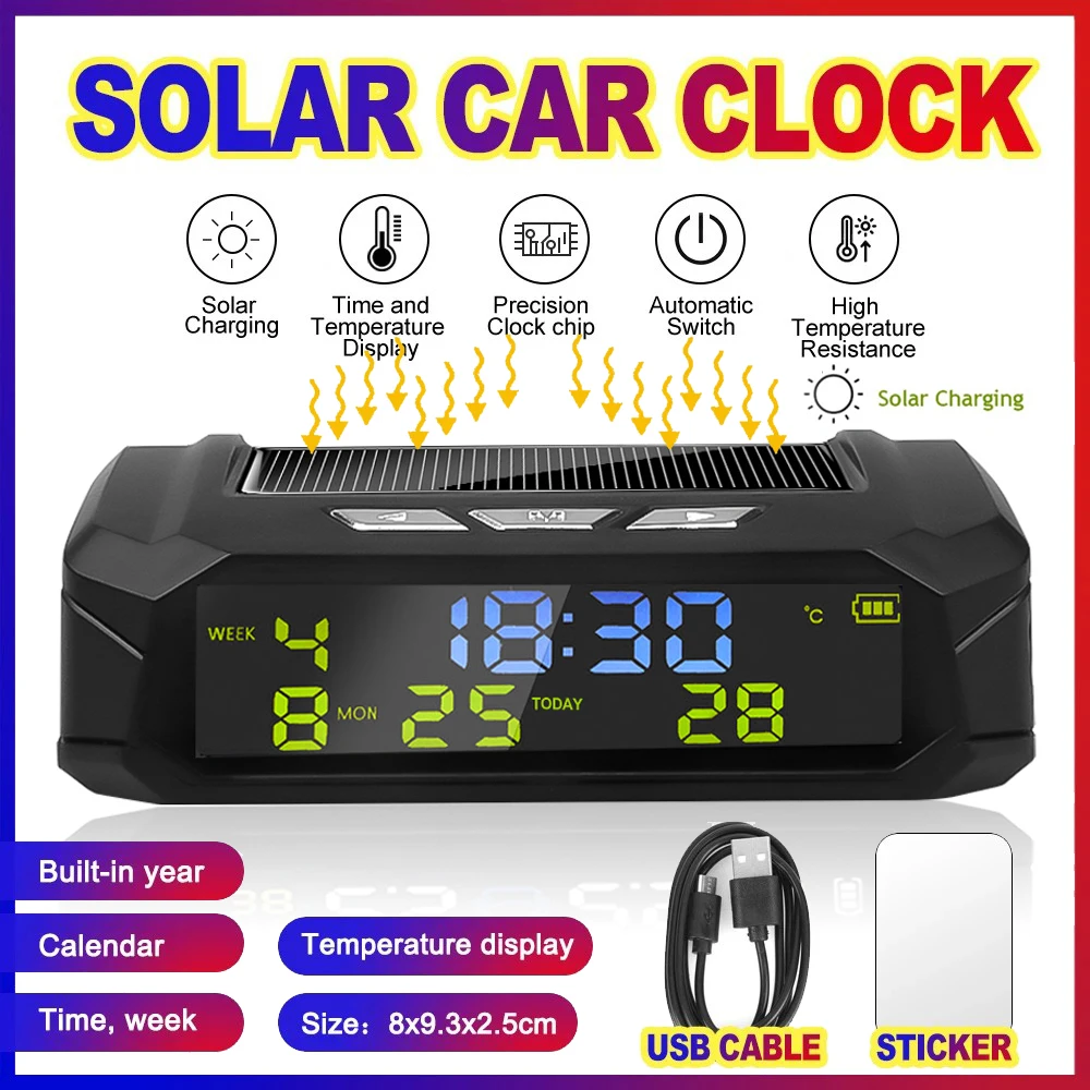 Solar-Car-Digital-Clock-With-LCD-Time-Date-In-Car-Temperature-Display ...
