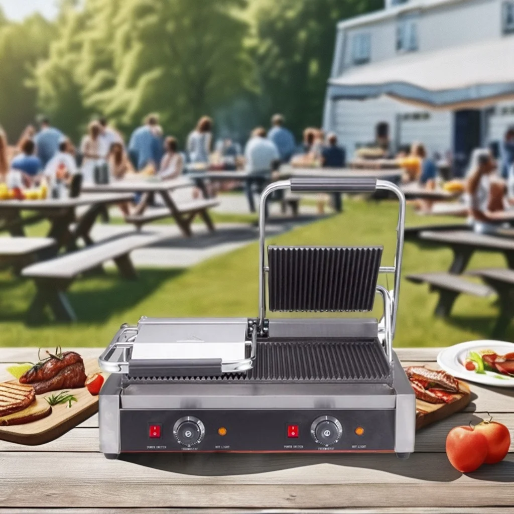 Commercial Electric Panini Grill Machine Two Plate Manual Press Griddle ...