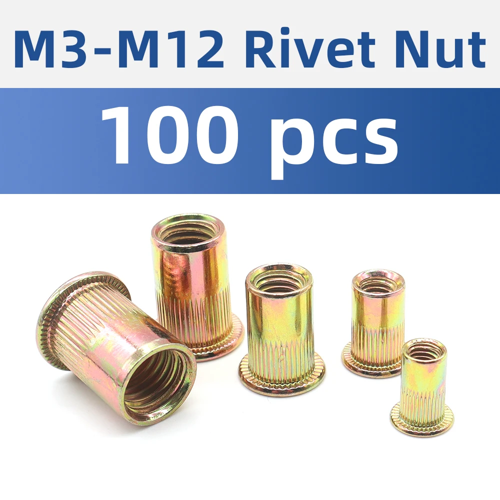 100PCS-M3-M4-M5-M6-M8-M10-M12-Rivet-Nut-Flat-Head-Knurled-Body-Zinc ...