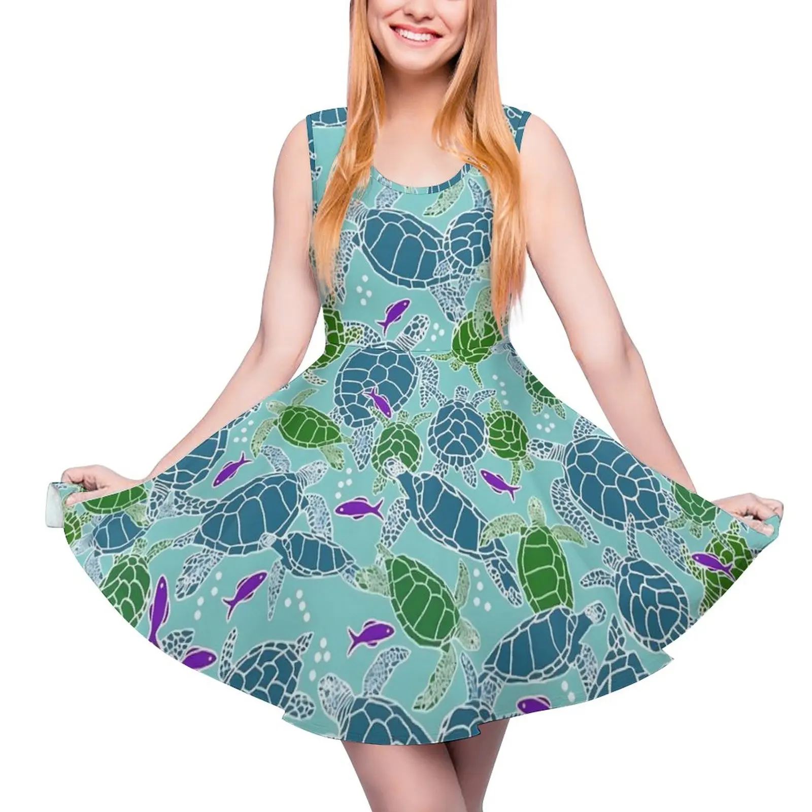 Green-Sea-Turtles-Dress-Purple-Fish-Pretty-Dresses-High-Waist-Casual ...