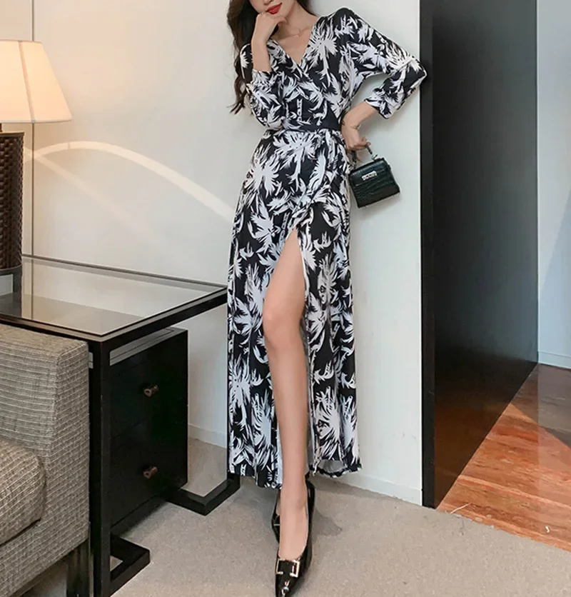 Vestido-largo-con-estampado-de-hojas-para-mujer-traje-de-fiesta-con ...