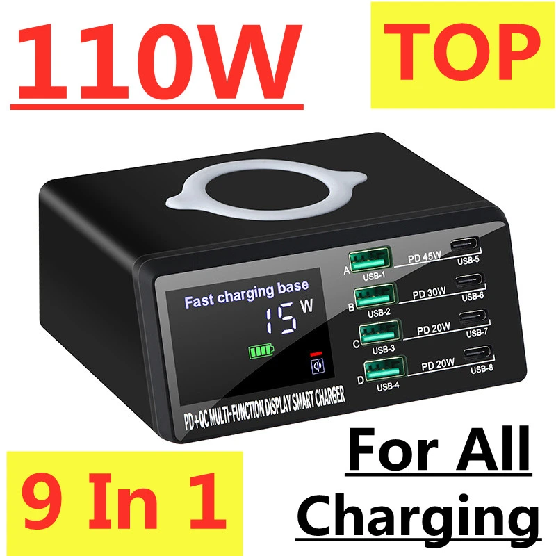 110W Wireless Charger Charging Station 8 Ports USB Charger Quick Charge ...