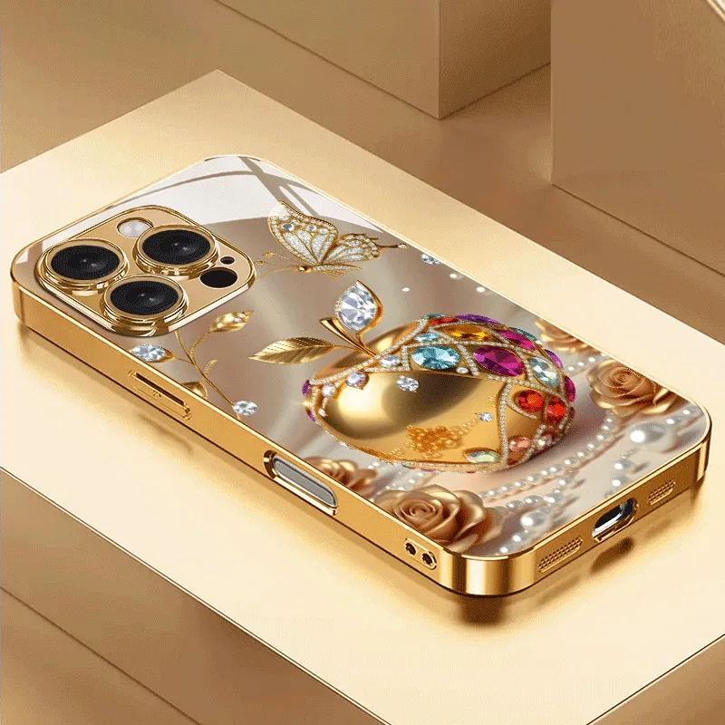 Luxury Golden For Apple Pattern Metallic Paint Glass Phone Case For ...