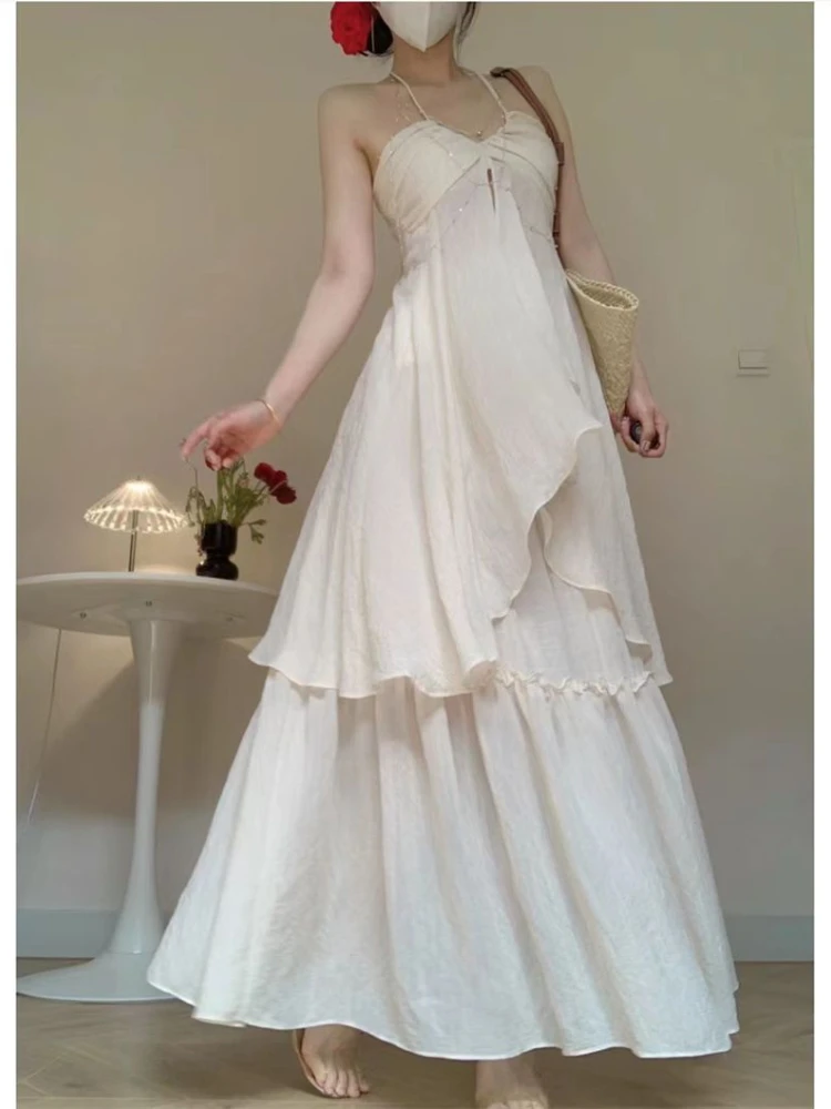 White-2-Piece-Dress-Sets-2024-Summer-French-Romance-Elegant-Halter ...