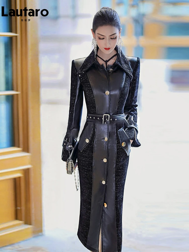 Lautaro Spring Autumn Long Luxury Elegant Fitted Patchwork Pu Leather Trench Coat For Women ...