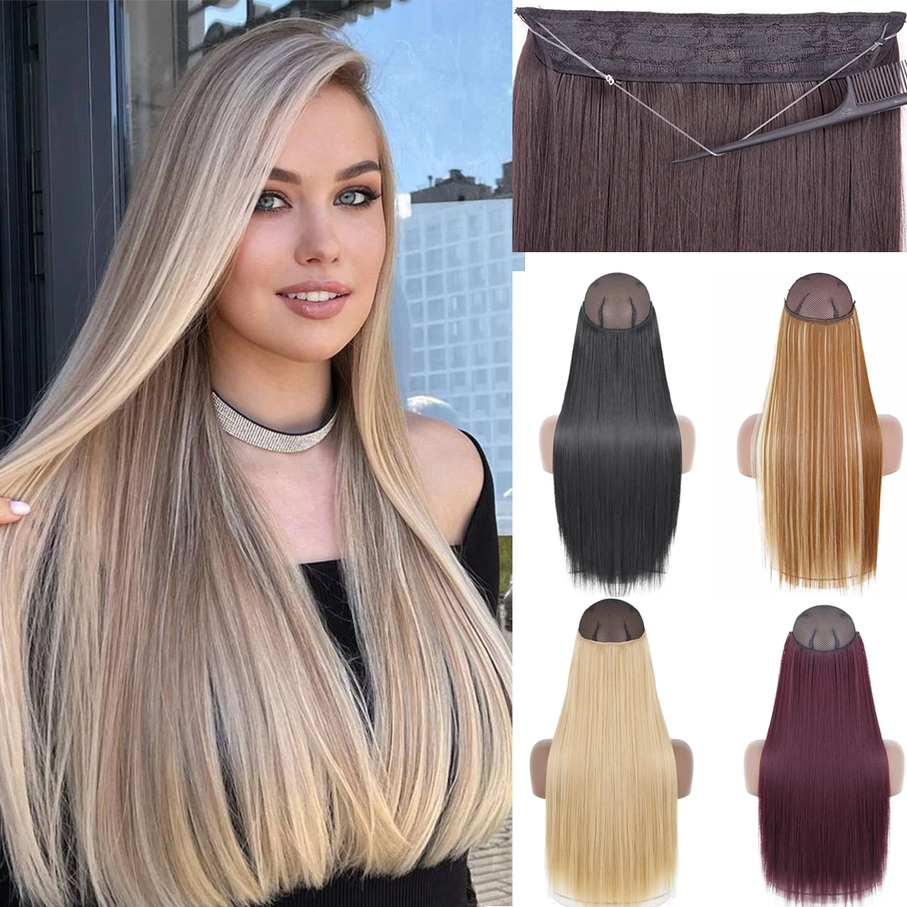 AZQUEEN-Long-Straight-Synthetic-No-Clip-Hair-Extension-Brown-Blonde ...