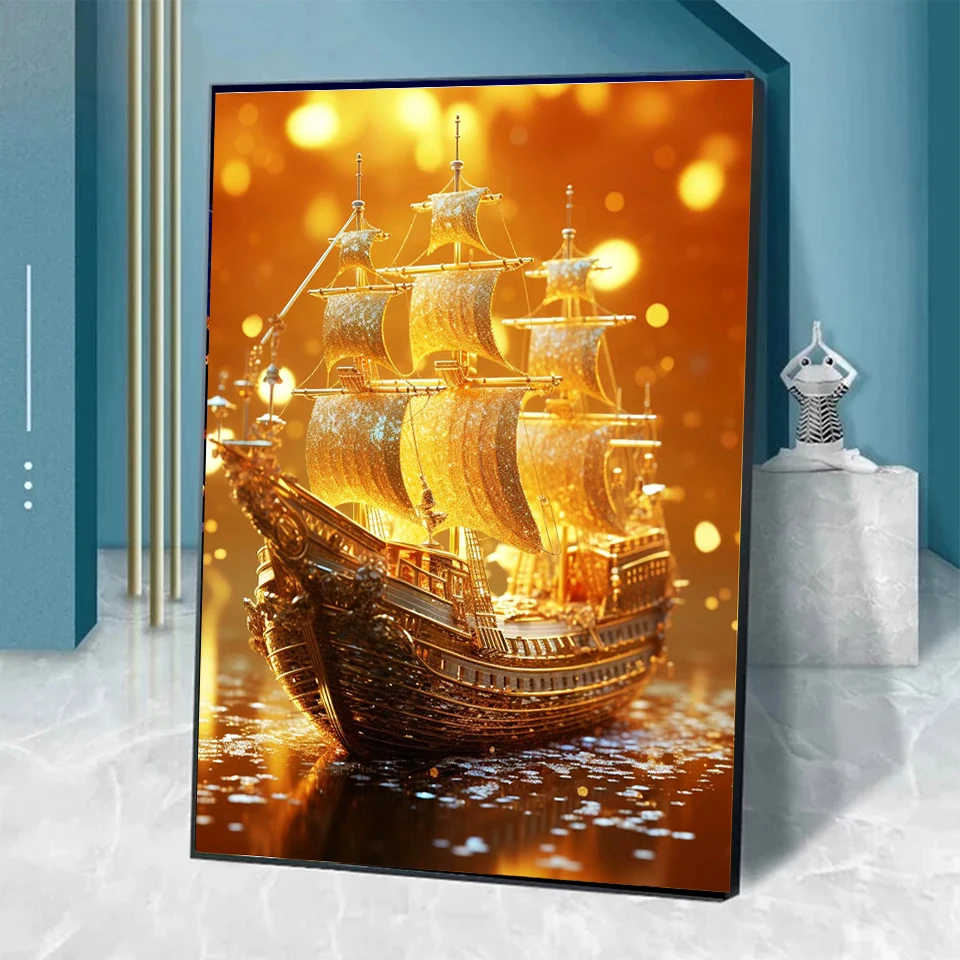 DIY 5D Diamond Painting Sailboat Diamond Embroidery Gold Ship Cross ...