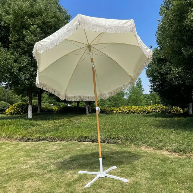 베이스 포함 야외 해변 프린지 우산, 빈티지 보헤미안 자외선 차단 파라솔, 파티오 정원 수영장, 해변 버튼 틸트 차양