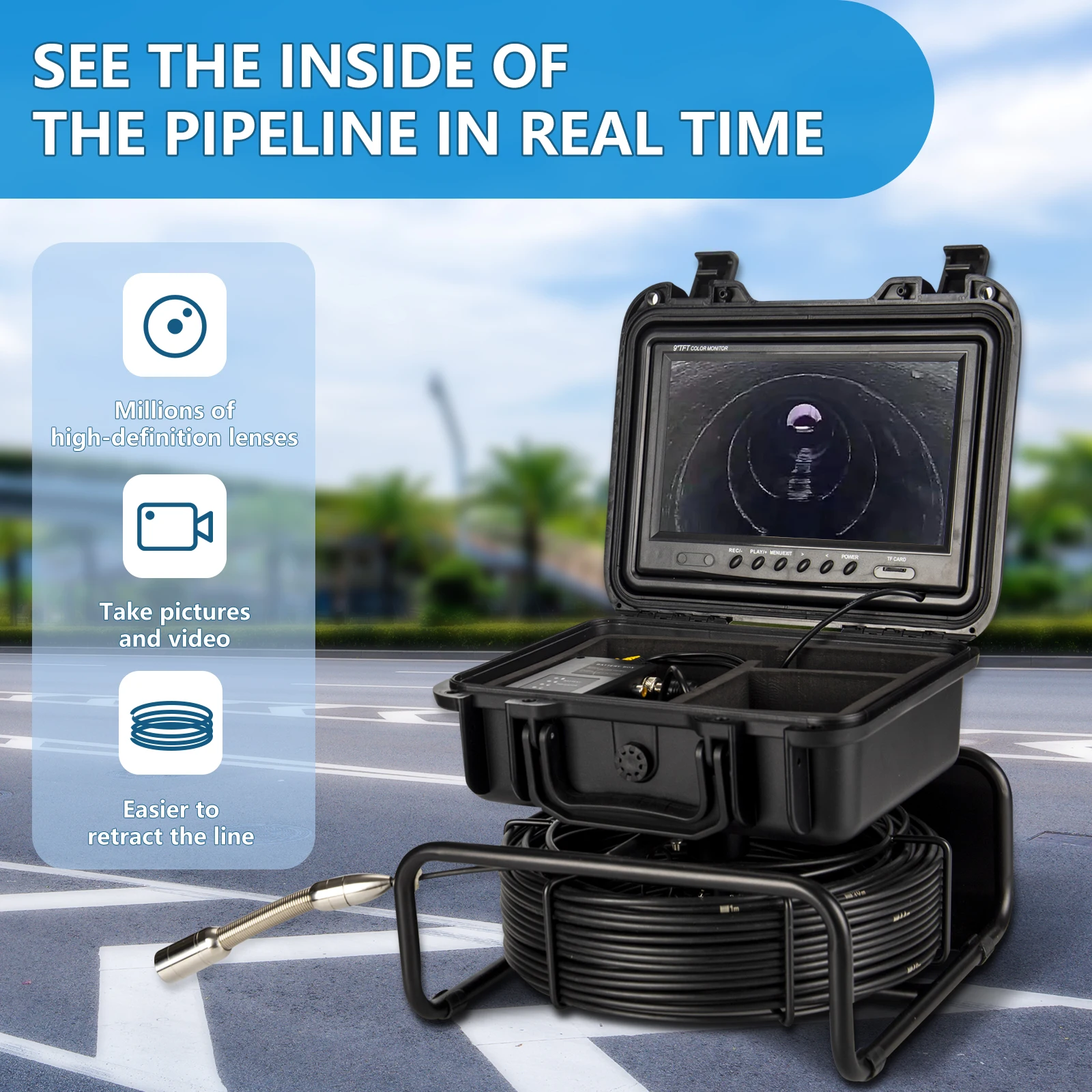 Endoscope Camera,1080P UHD 9-inch Screen Pipe Inspection Camera,8500mAh ...
