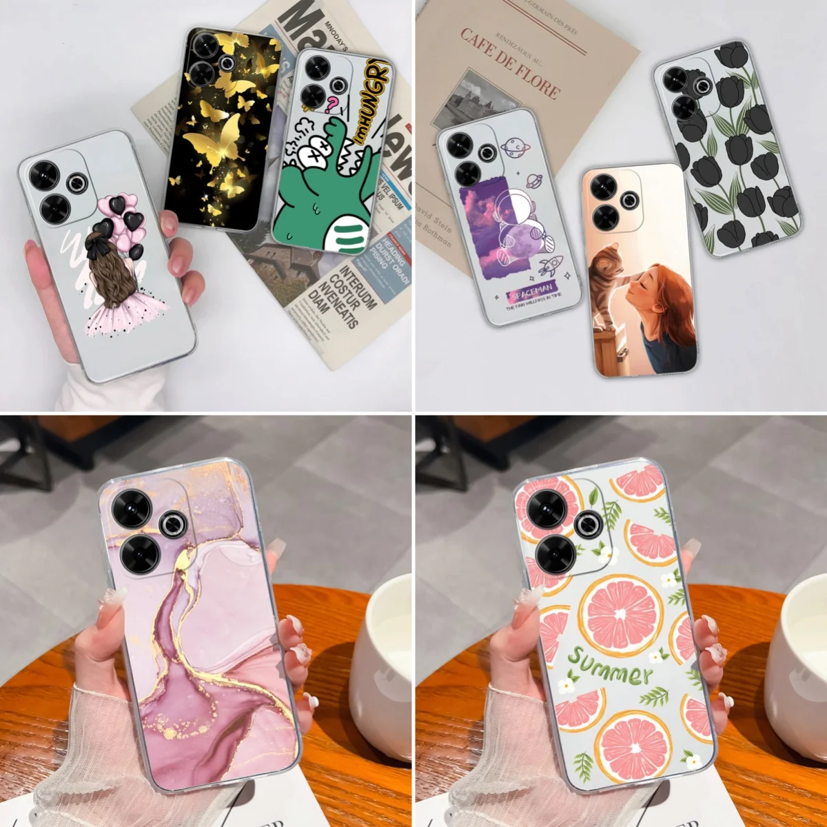 Phone Case For Redmi 13 4G Transparent Cute Flowers Pattern Soft TPU ...