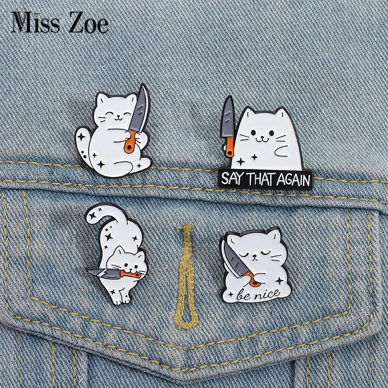 Cute Cat Dagger Enamel Pins Custom SAY THAT AGAIN Danger Brooches Lapel ...