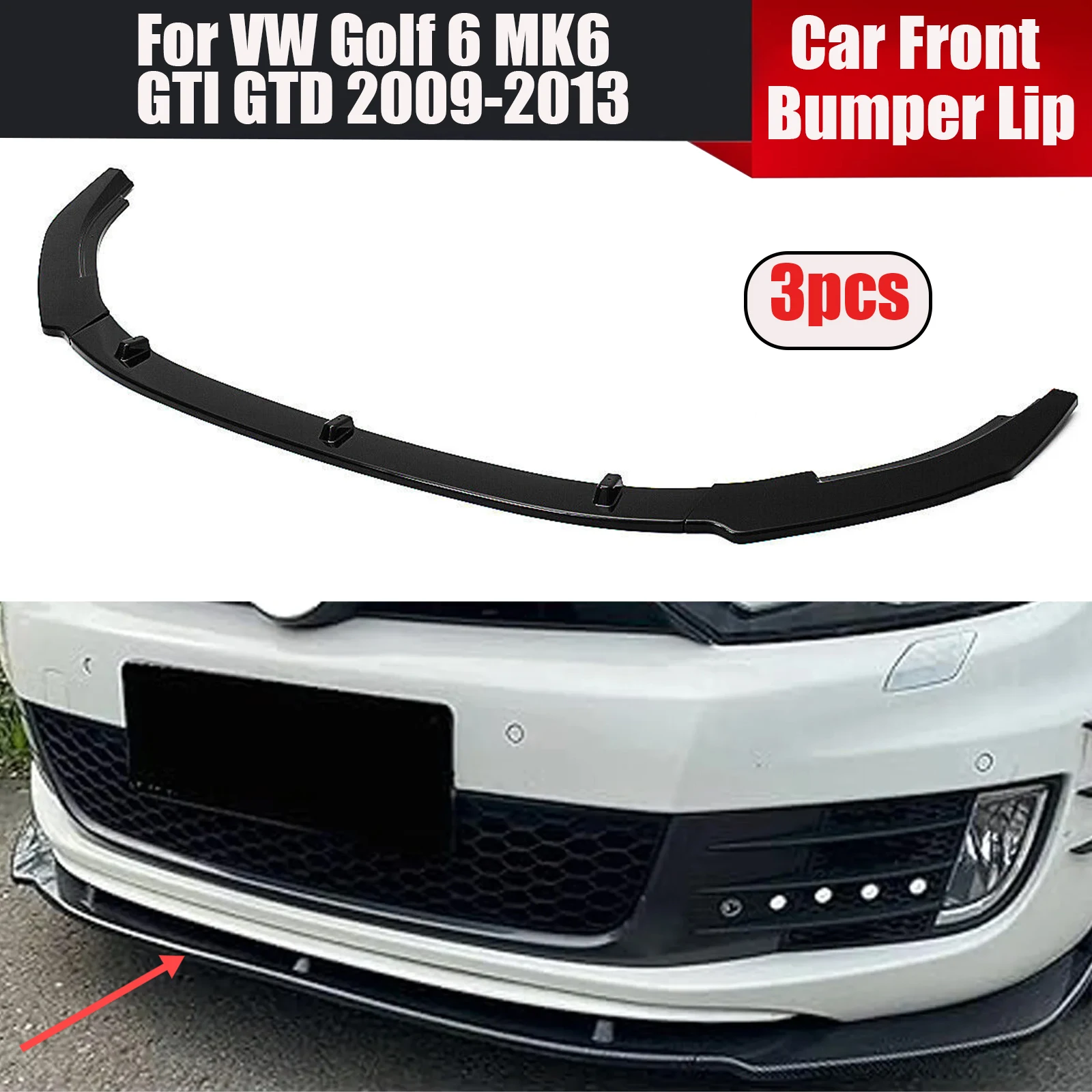 For-VW-Golf-6-MK6-GTI-GTD-2009-2013-3PCS-Car-Front-Bumper-Lip-Splitter ...
