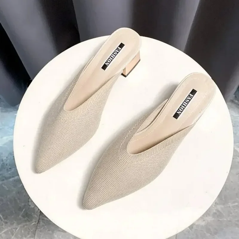 2024Knitted-Elastic-Mesh-Pointed-Toe-Slippers-Women-New-Summer-Shoes ...