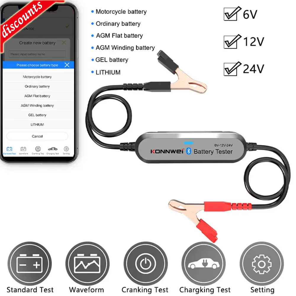 Car Battery Tester, Bluetooth 5.0, 6V 12V 24V, Lead-acid Battery ...
