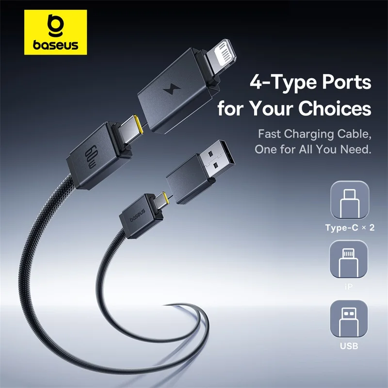 Baseus 4 in 1 USB Cable For iPhone 15 16 Promax 60W Fast Charging Cable ...