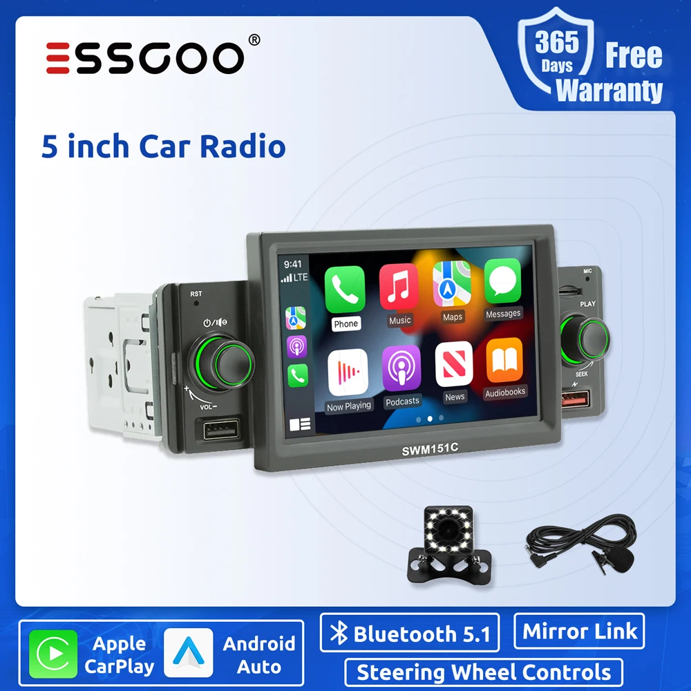 ESSGOO Car Radio 1 Din 5 Inch Screen CarPlay Android Auto Stereo Multimedia 1din Bluetooth ...