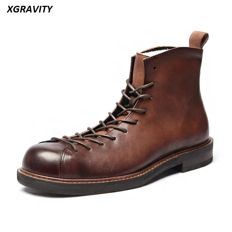 A105 New Autumn Winter Short Boots Men's Casual Genuine Leather Lace-Up ...