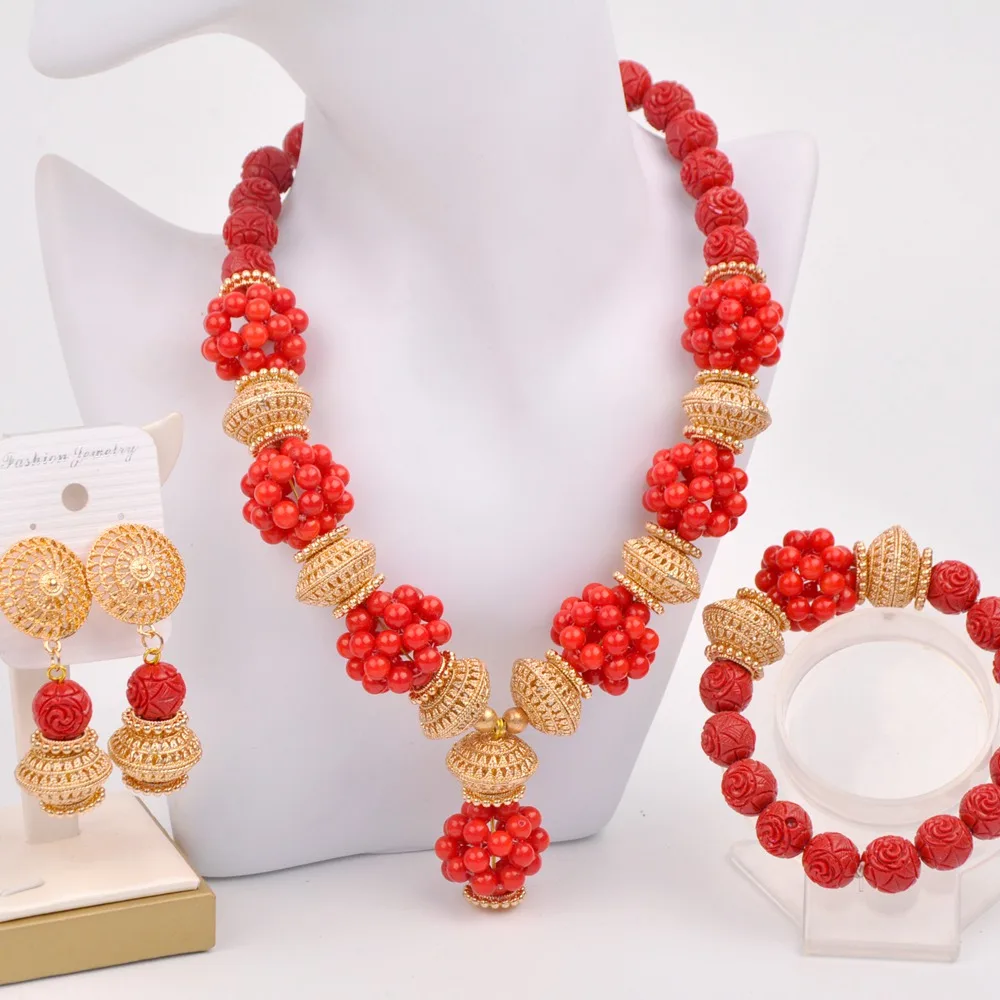 Fashion Ball Bead African Jewelry Set Red Coral Necklace Nigerian ...