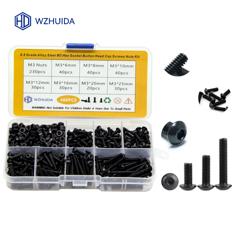WZHUIDA-460-Pcs-M3-Metric-Screw-Assortment-Hex-Socket-Button-Head-Cap ...