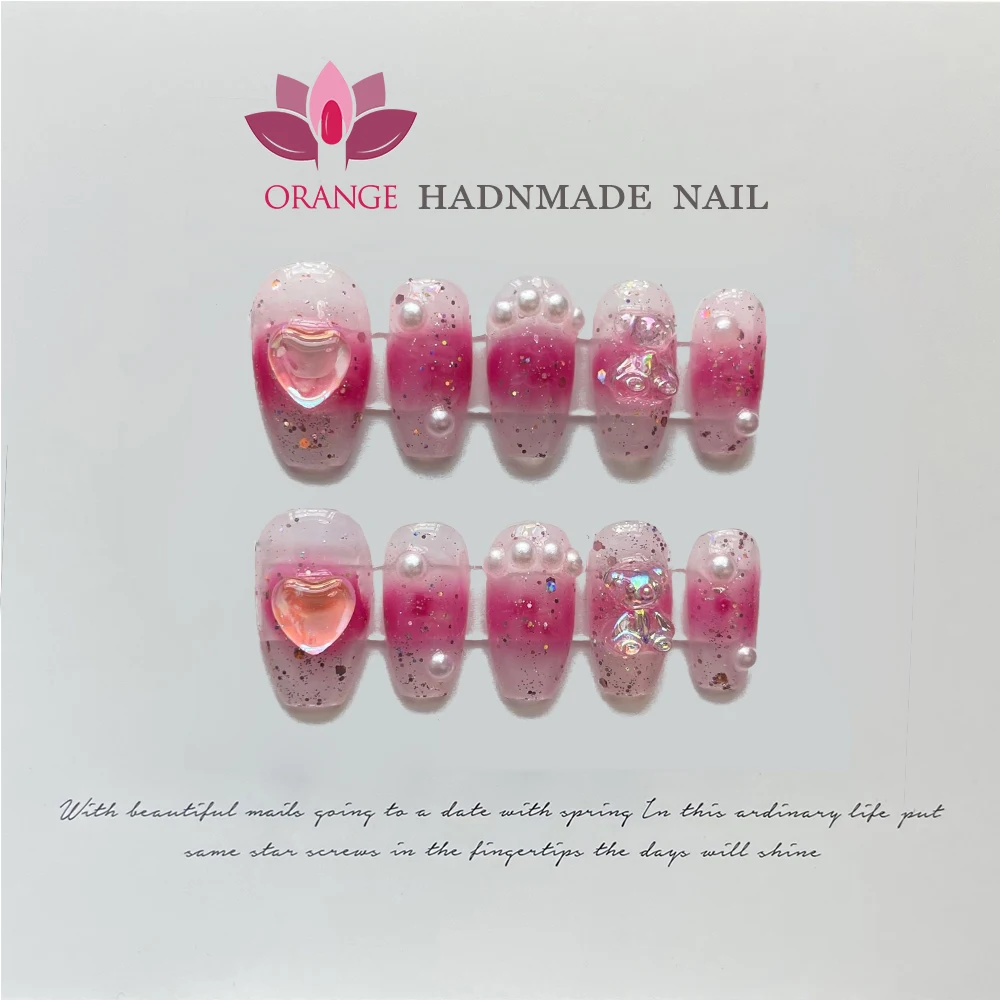 Handmade Y2k Fake Nails Press On With Design Full Cover Medium Coffin ...