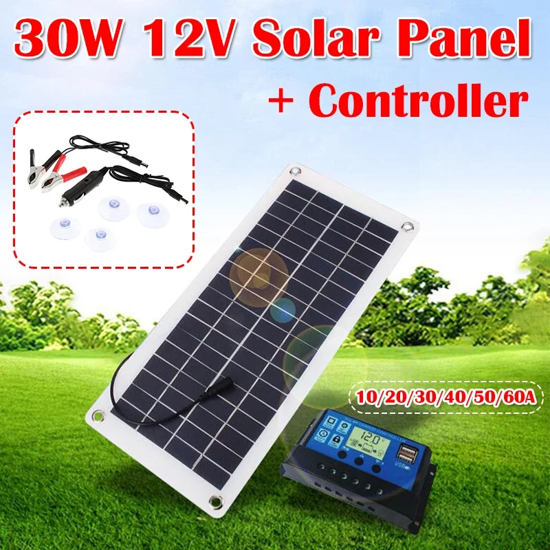 Solar Panel Kit Complete 30W 12V Dual USB Output Solar Cells Poly Solar ...