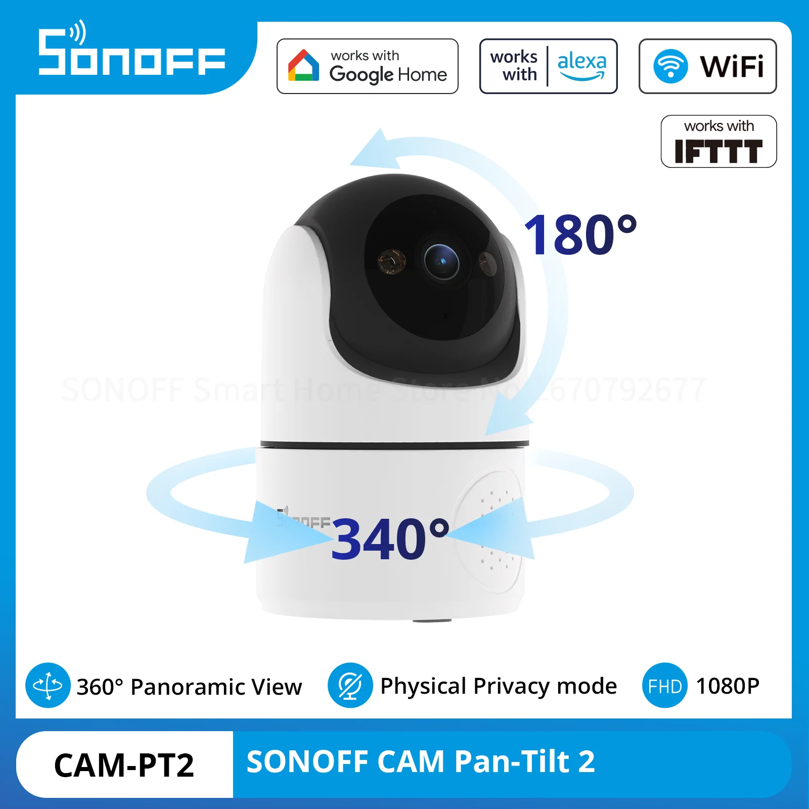 SONOFF CAM Pan-Tilt 2 Smart Wi-Fi Indoor Home Security Camera 360° Panoramic View Full-color ...