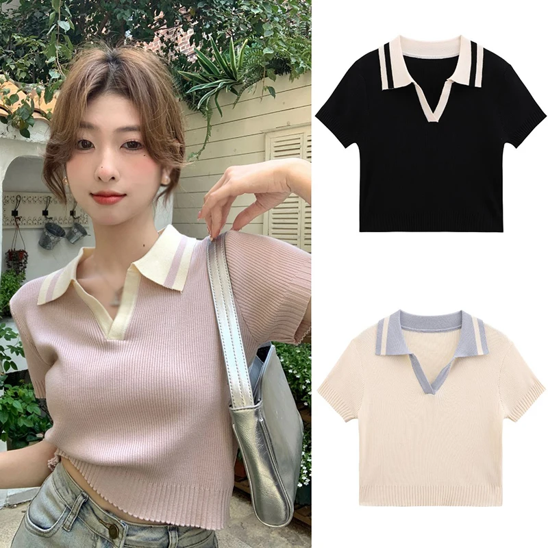 Summer-Women-s-Tops-Korean-Version-Contrast-Color-Turndown-Collar ...