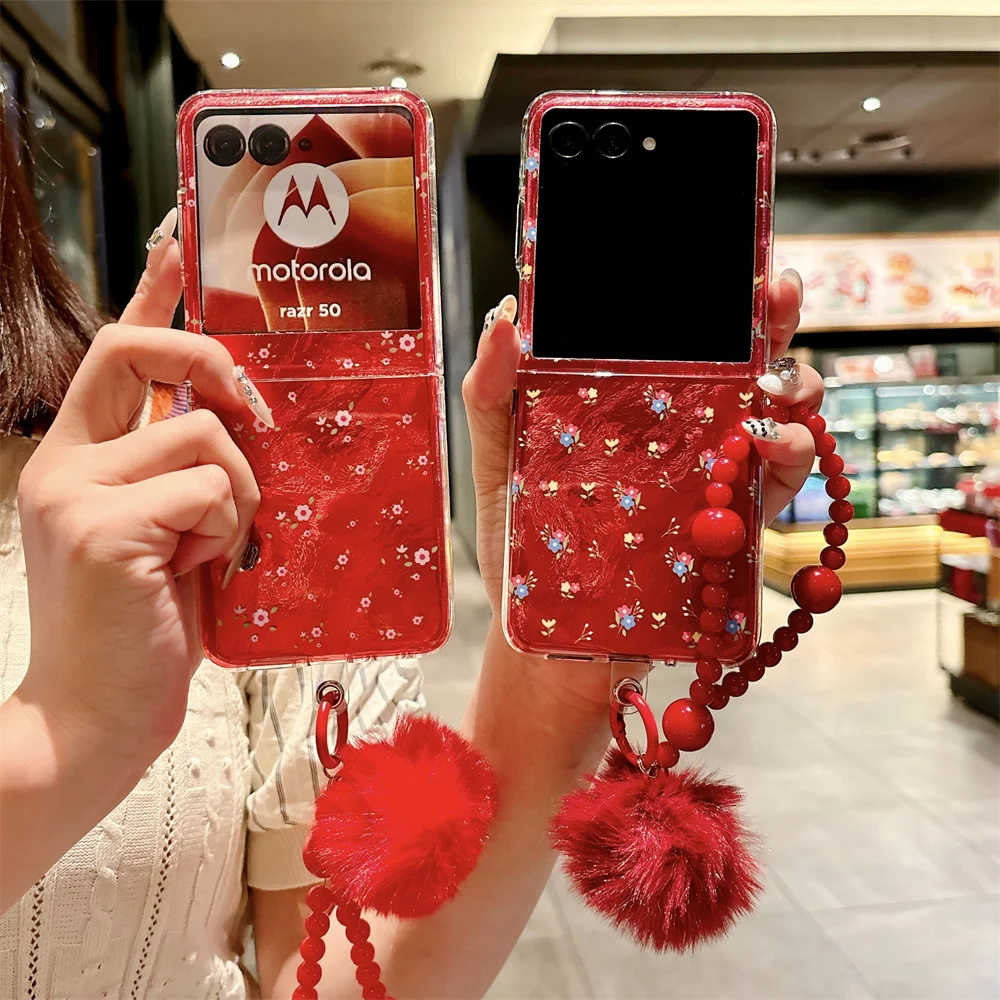 Red Flowers Phone Case For Motorola Moto Razr 50 Ultra Bracelet ...