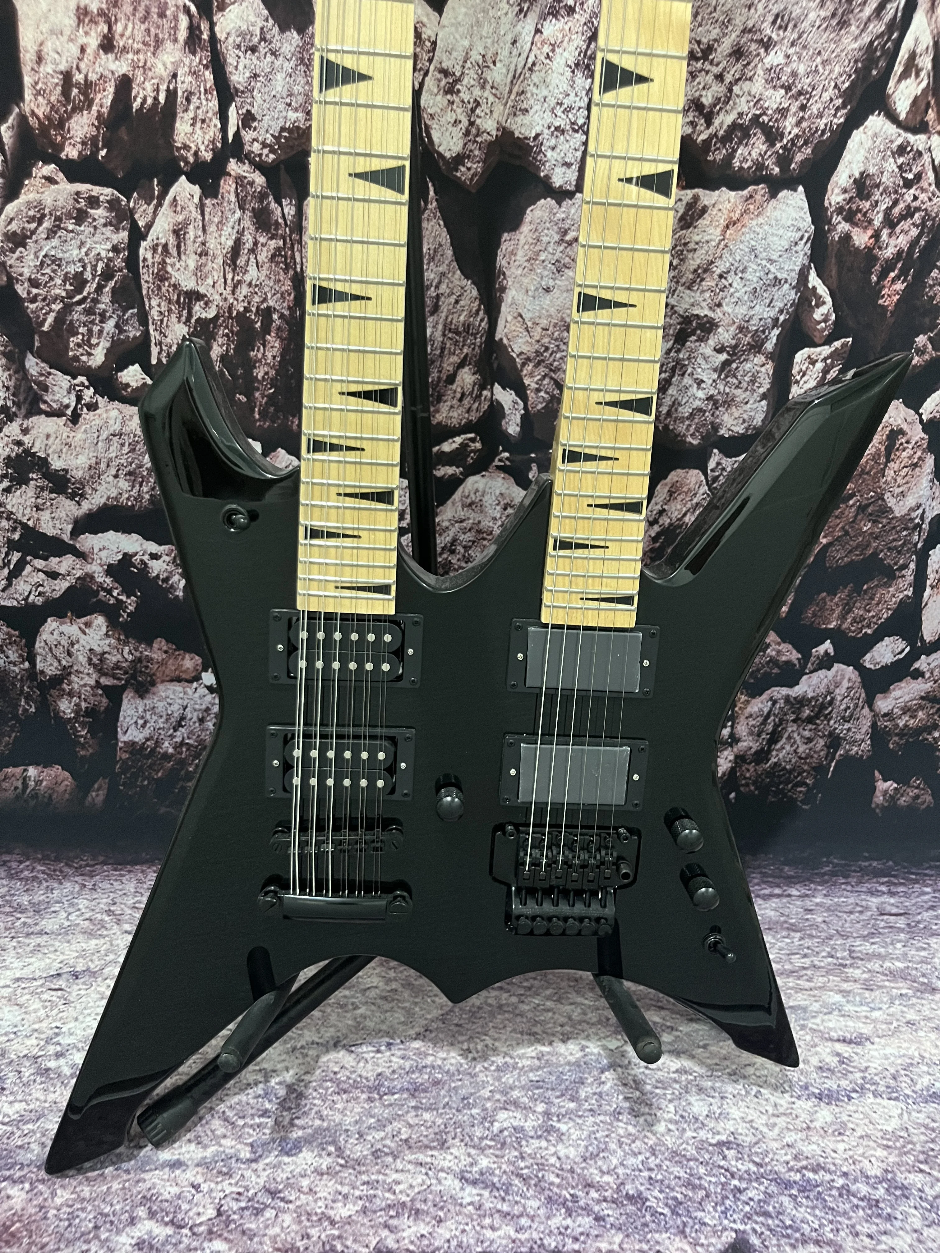 Factory custom electric guitar double neck black color tremolo system ...