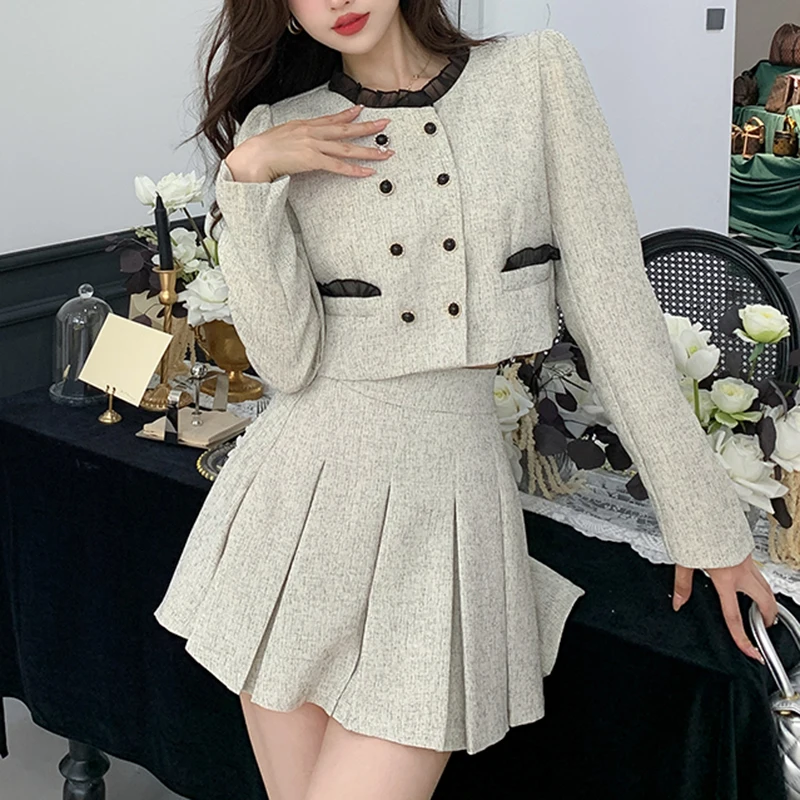 Elegant-Autumn-Winter-2-Piece-Set-Women-Short-Double-breasted-Jacket ...
