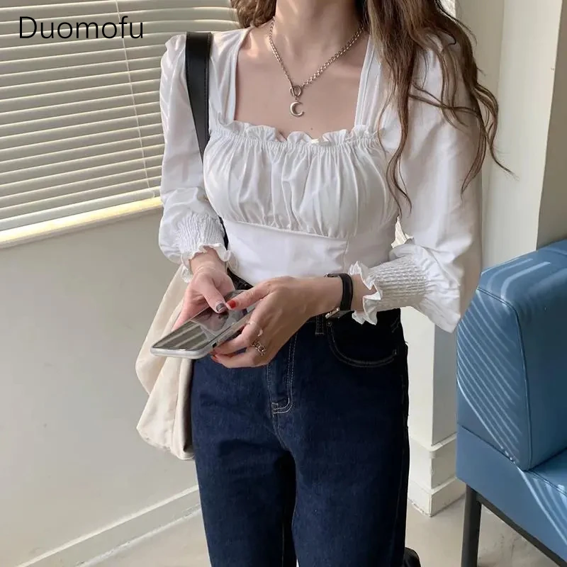 Duomofu-Vintage-Plaid-Blouses-Women-Korean-White-Folds-Square-Neck-Shirts-Office-Lady-Elegant ...